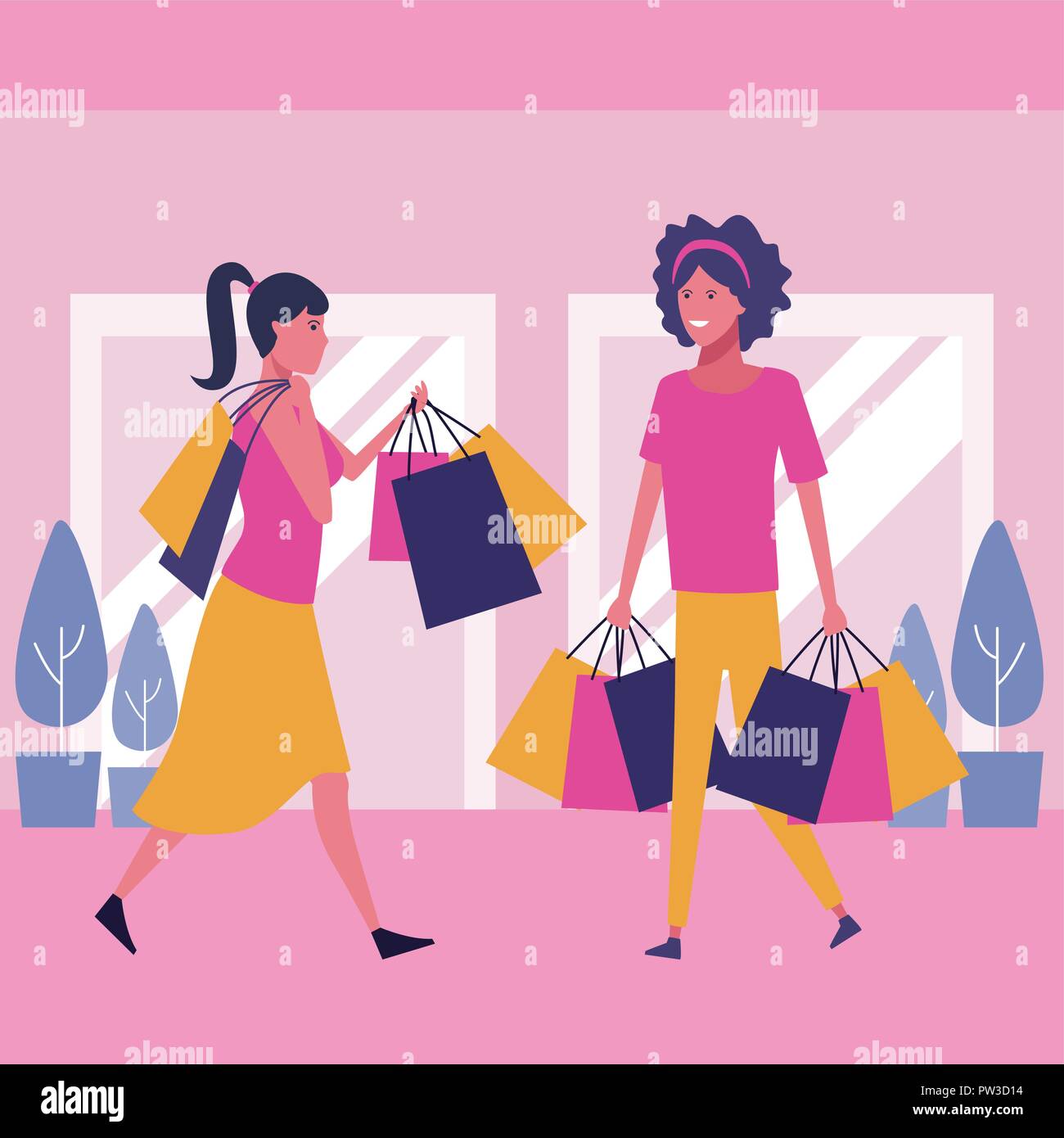 people with shopping bags at mall cartoon vector illustration graphic ...