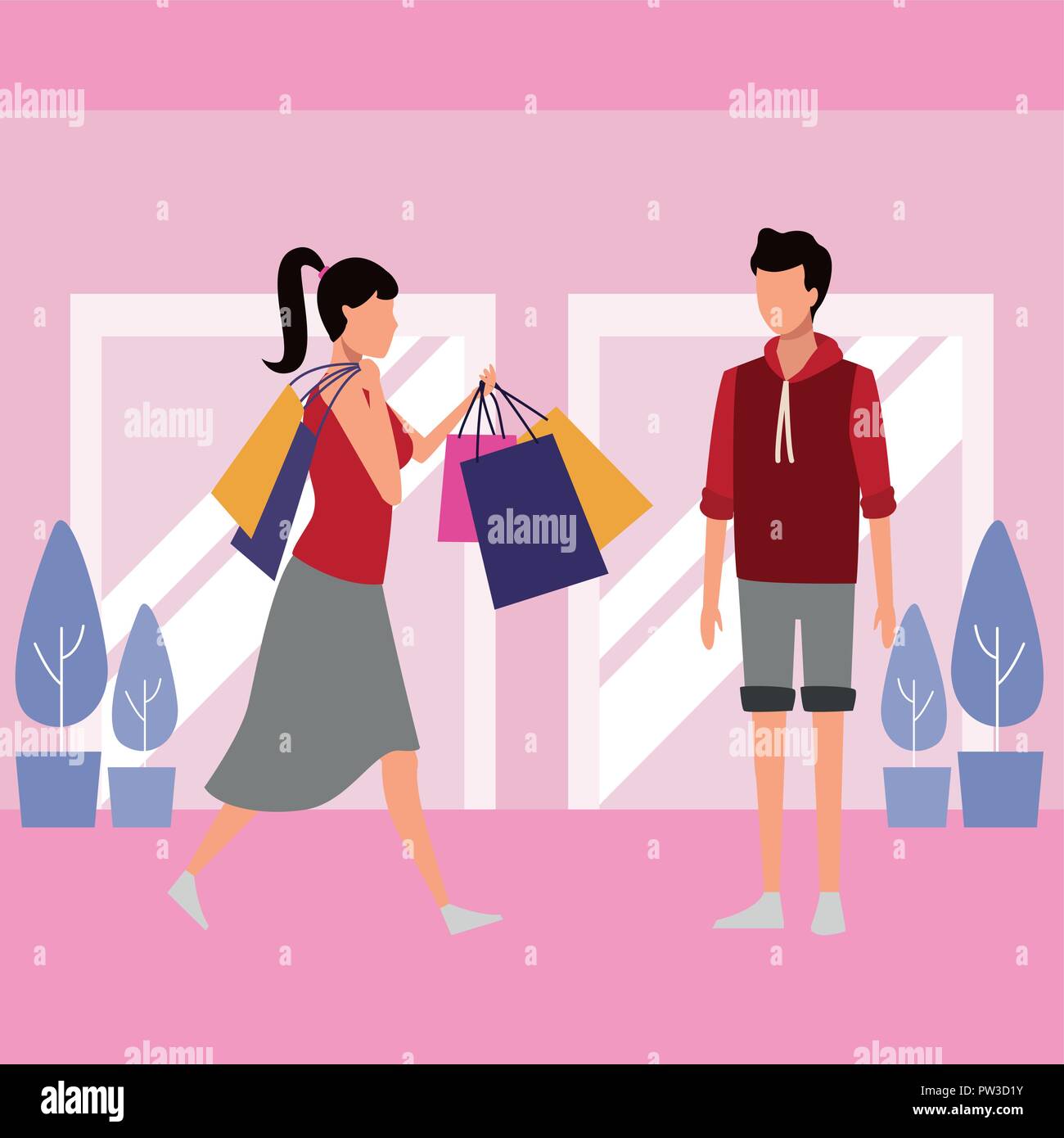 people with shopping bags at mall cartoon vector illustration graphic ...