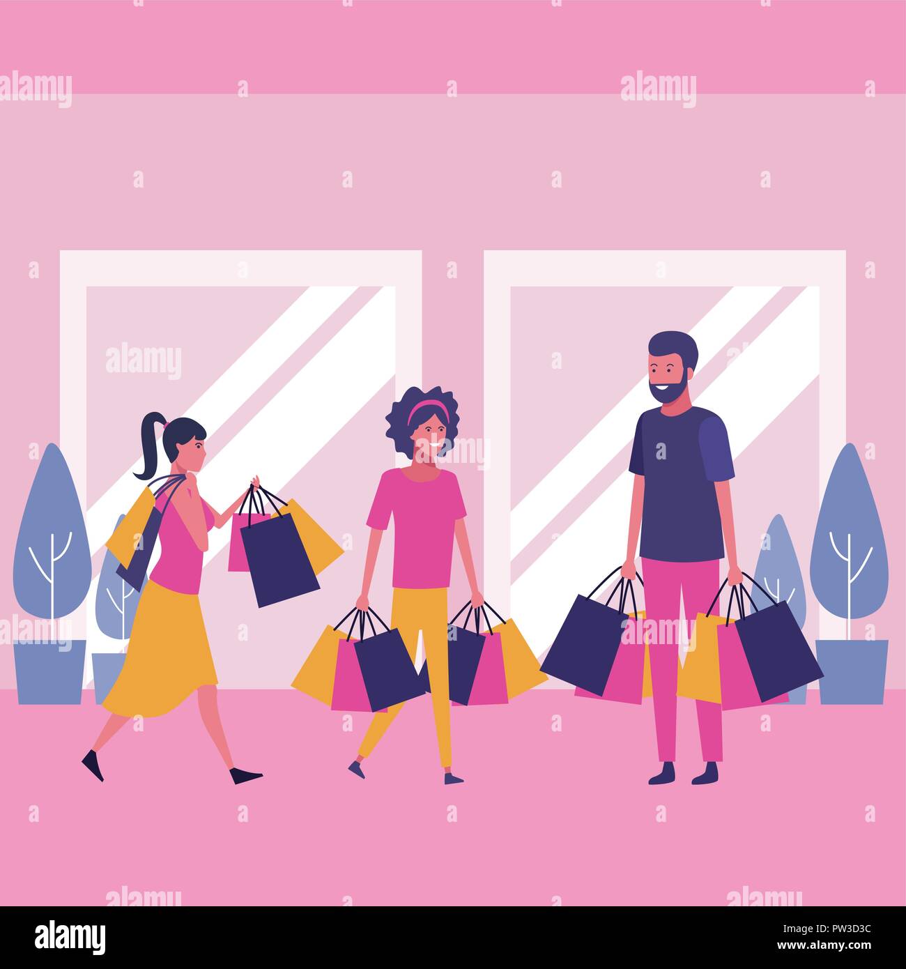 people with shopping bags at mall cartoon vector illustration graphic ...