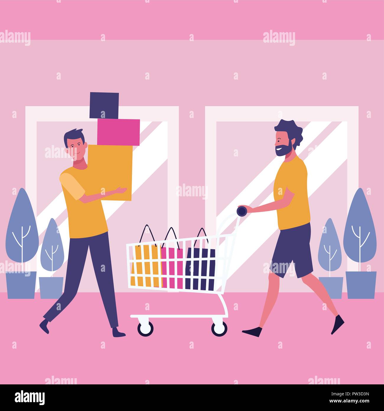 people with shopping bags at mall cartoon vector illustration graphic ...
