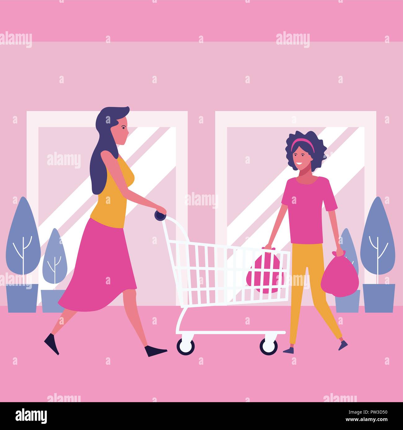 people with shopping bags at mall cartoon vector illustration graphic ...