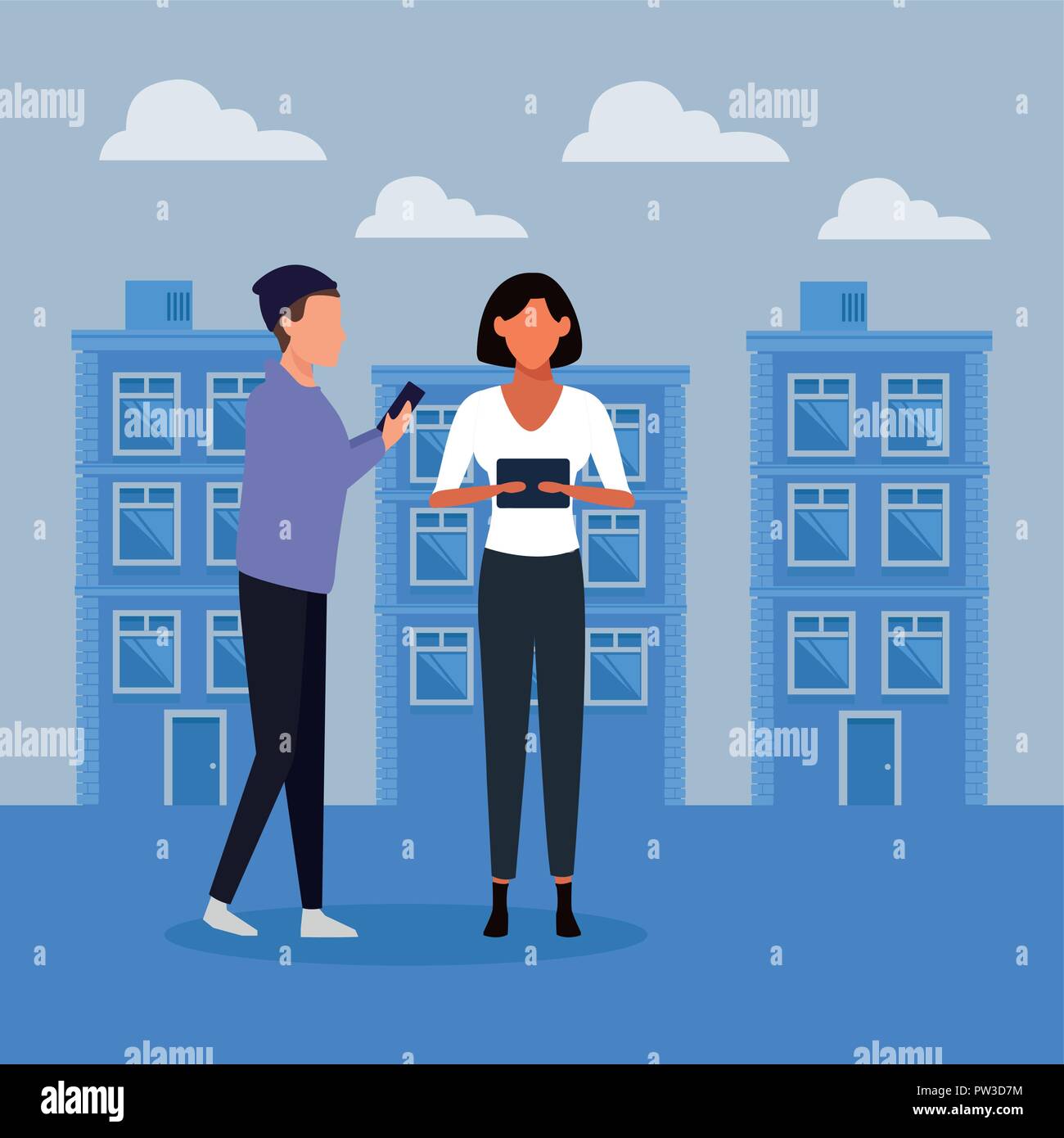 People using smartphone at city cartoon vector illustration graphic ...