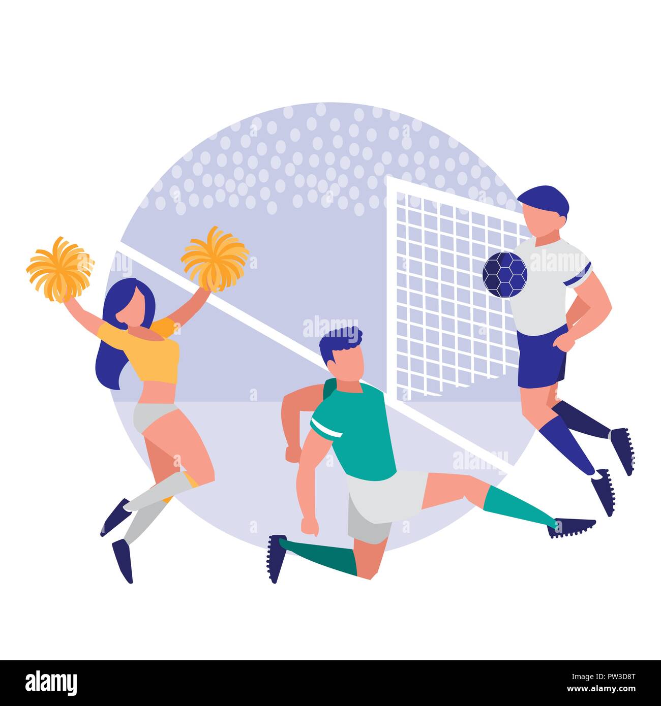 cheerleader girls and soccer players over white background, colorful ...