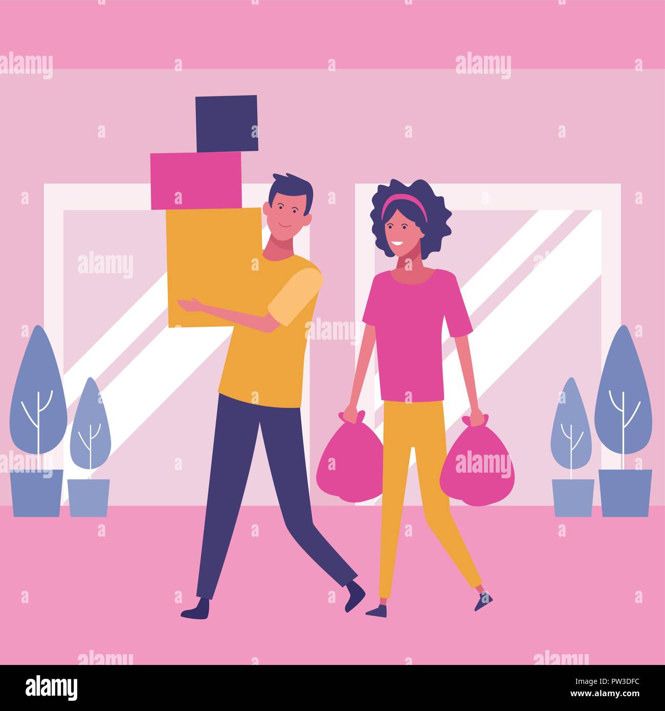 people shopping bags at mall cartoon vector illustration graphic design ...