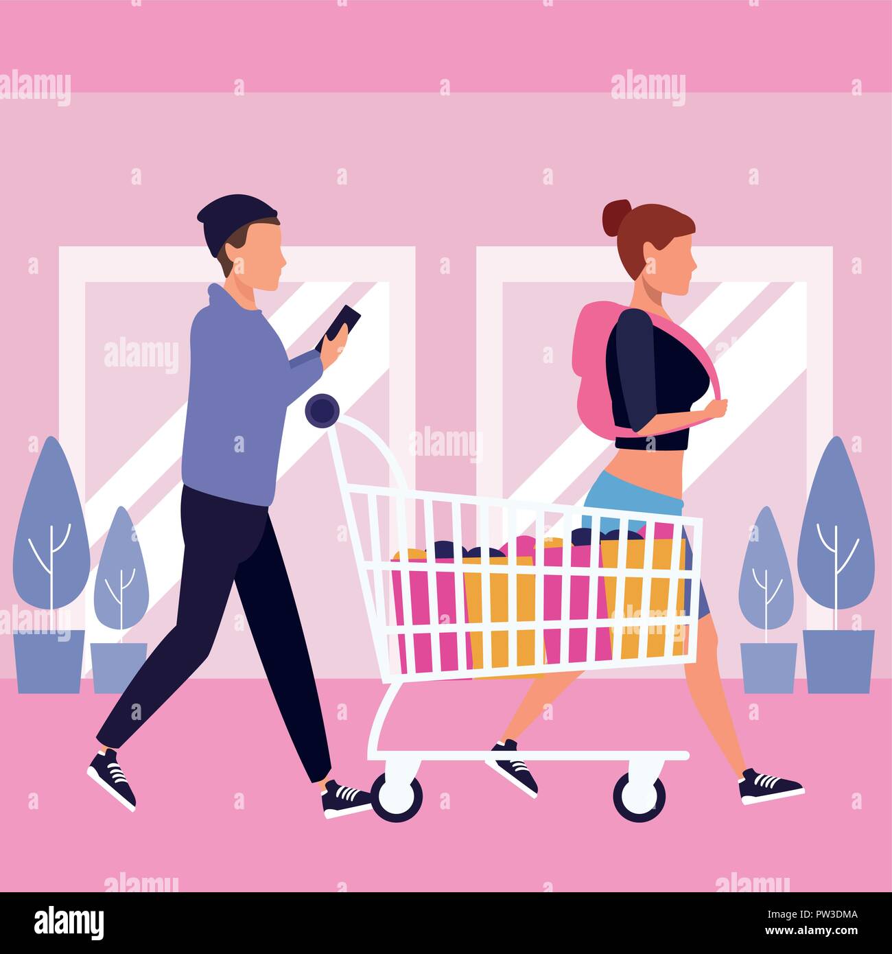 people shopping bags at mall cartoon vector illustration graphic design ...