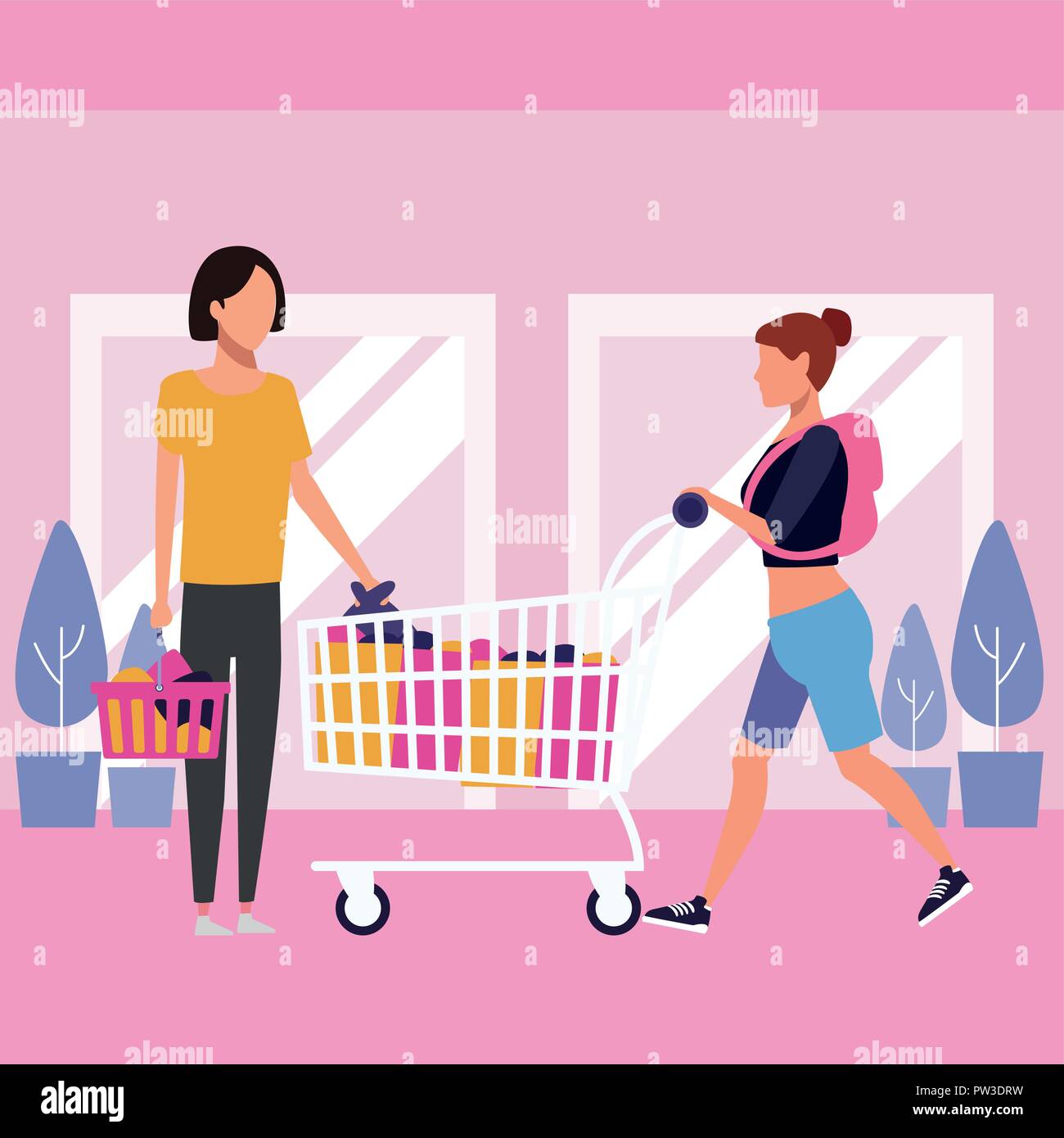 people shopping bags at mall cartoon vector illustration graphic design ...