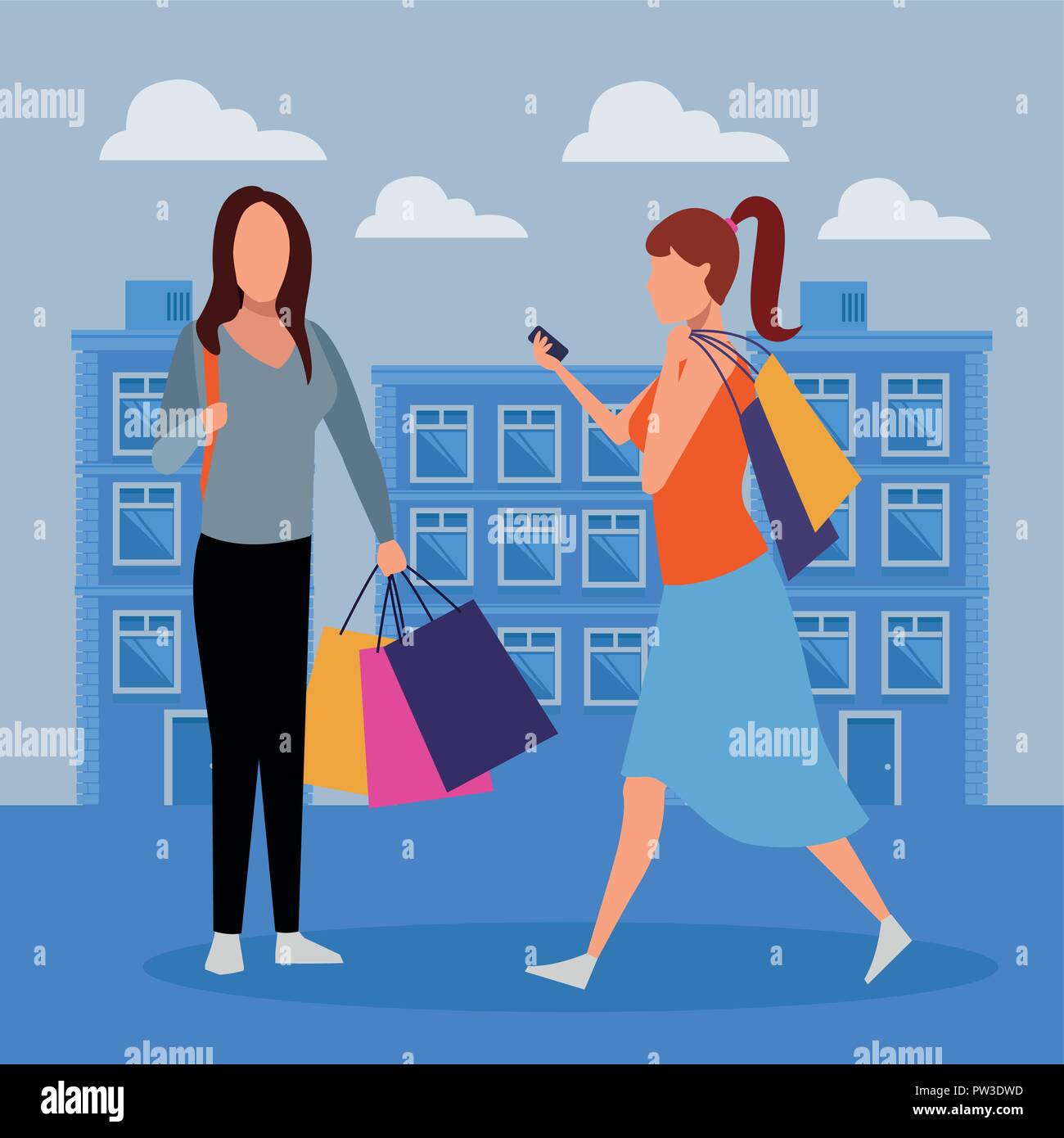 people shopping bags at mall cartoon vector illustration graphic design ...