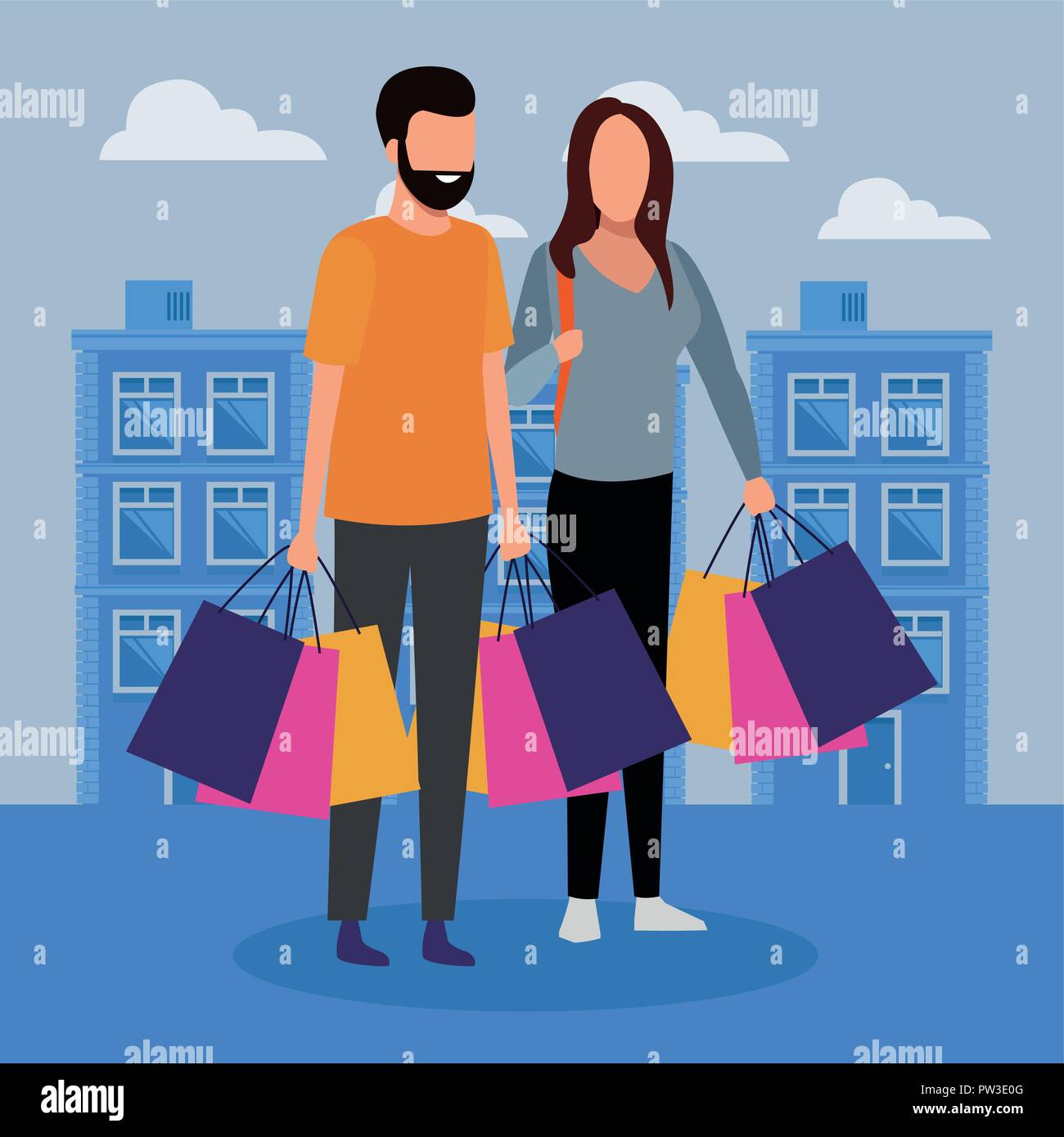 people shopping bags at city cartoon vector illustration graphic design ...