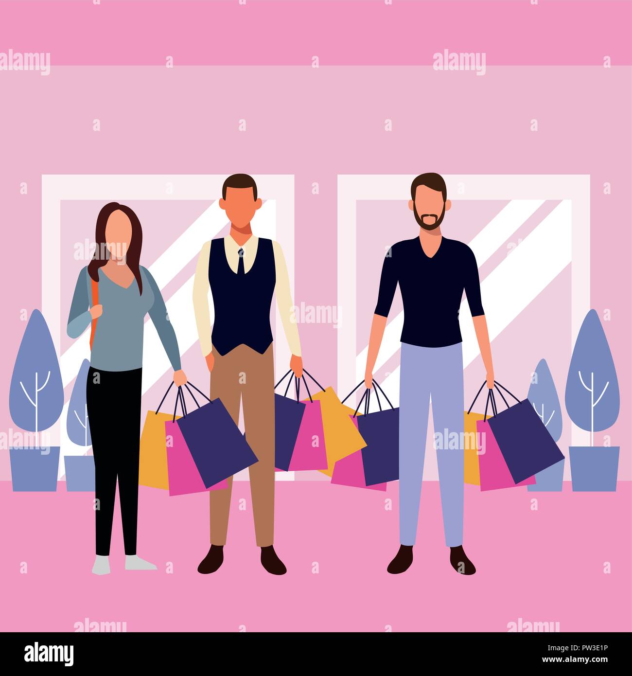 people shopping bags at mall cartoon vector illustration graphic design ...