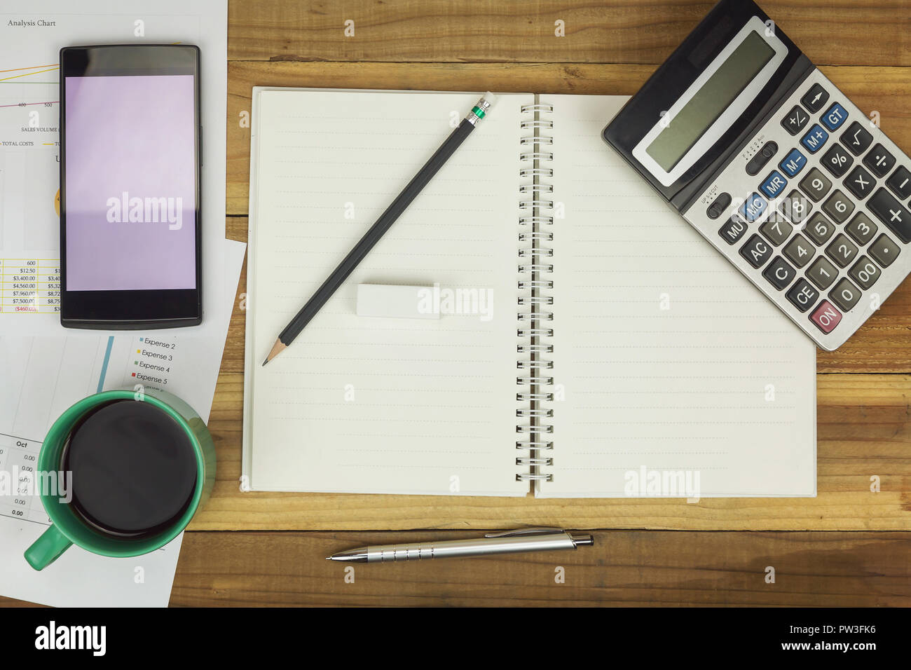 Business concept of office working, Blank notebook with business ...