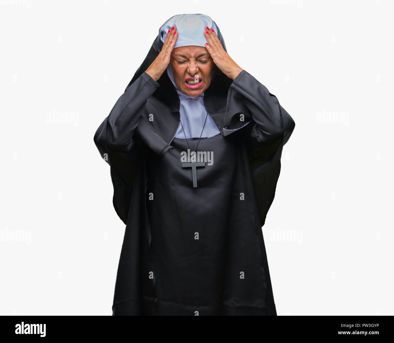 Middle age senior christian catholic nun woman over isolated background ...