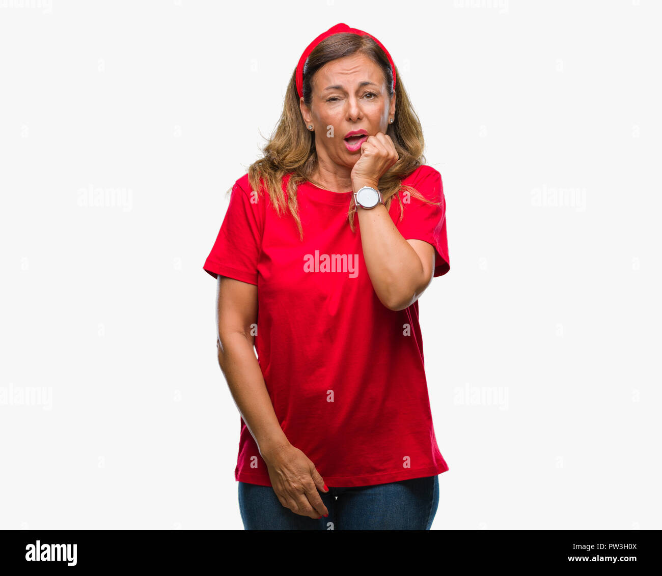 Middle age senior hispanic woman over isolated background looking ...