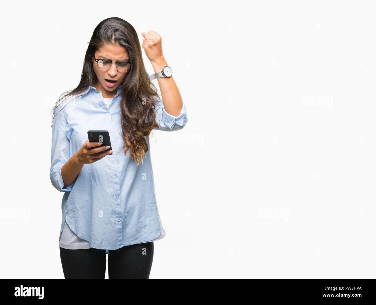 Young beautiful arab woman texting using smartphone over isolated ...