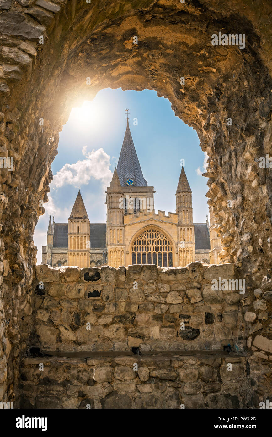 View of the magnificent Rochester Cathedral through the arched castle ...