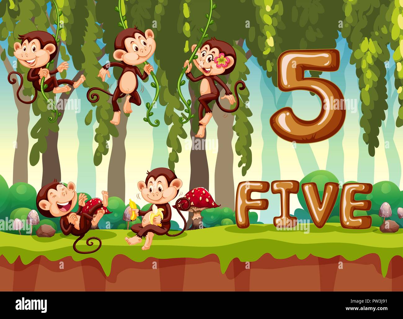 Five monkey in the jungle illustration Stock Vector Image & Art - Alamy