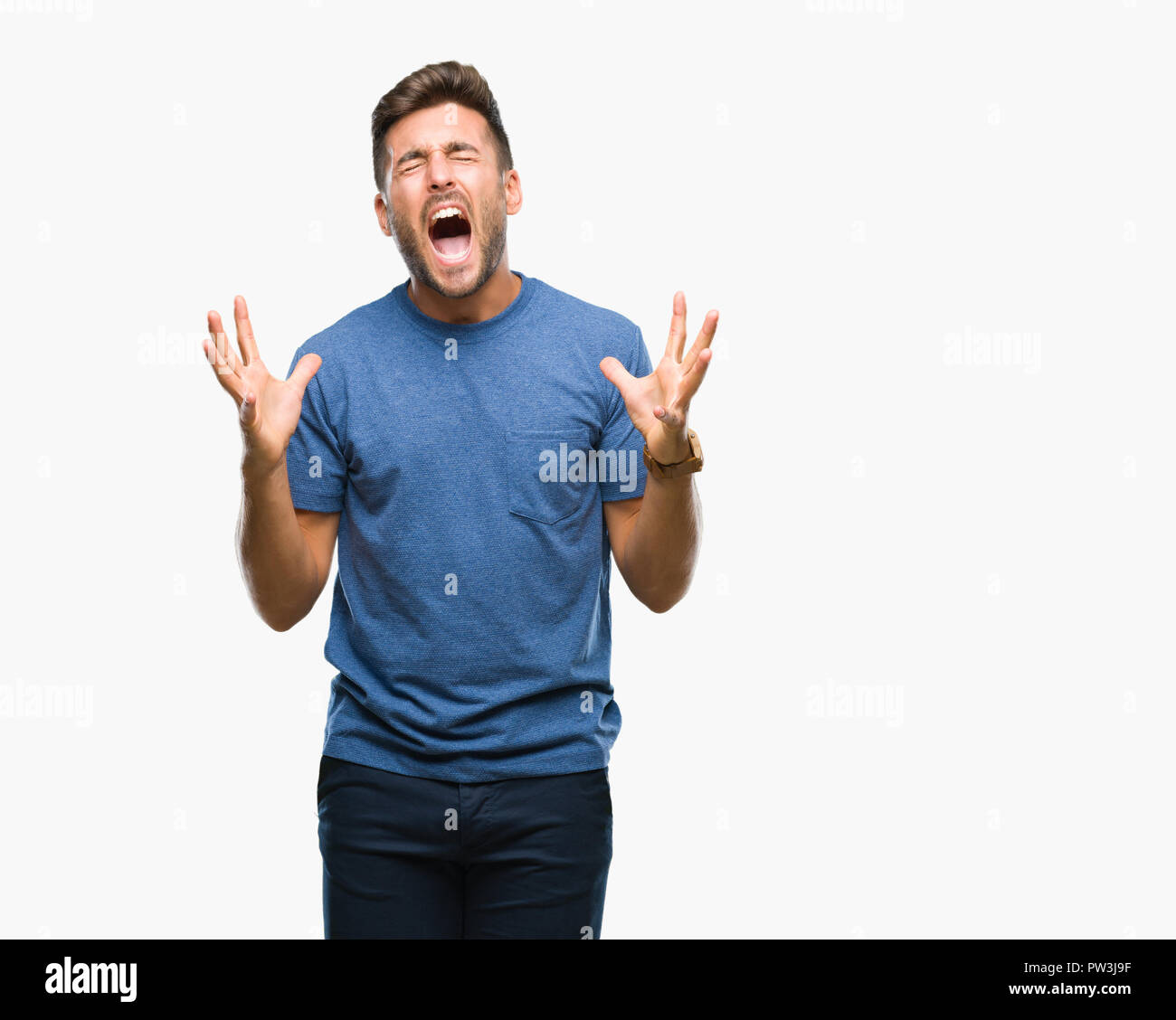 Young handsome man over isolated background crazy and mad shouting and ...