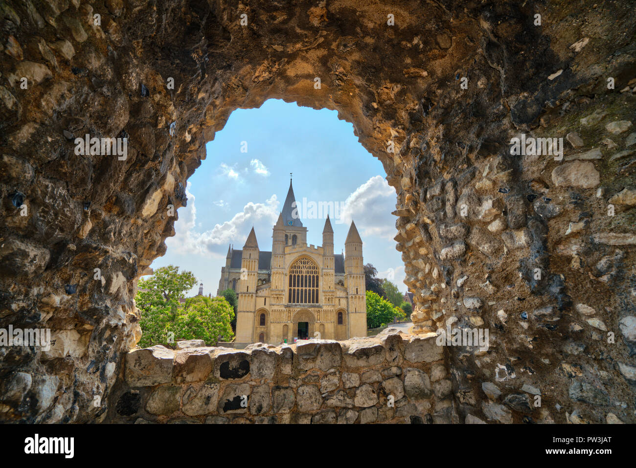 View of the magnificent Rochester Cathedral through the arched castle ...