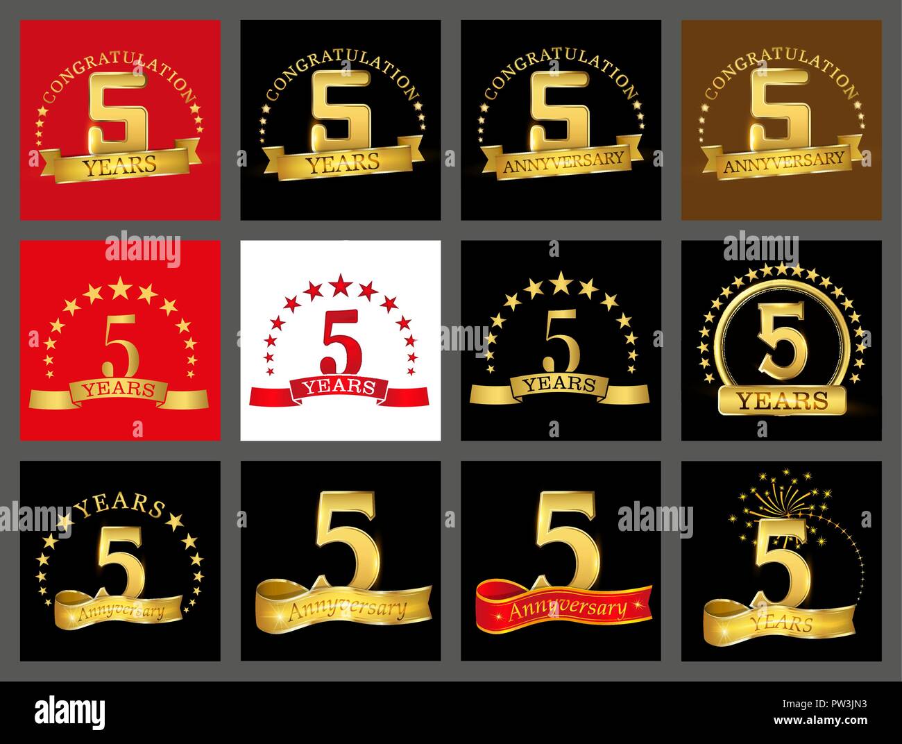 Set of number one five (5 year) celebration design. Anniversary golden ...
