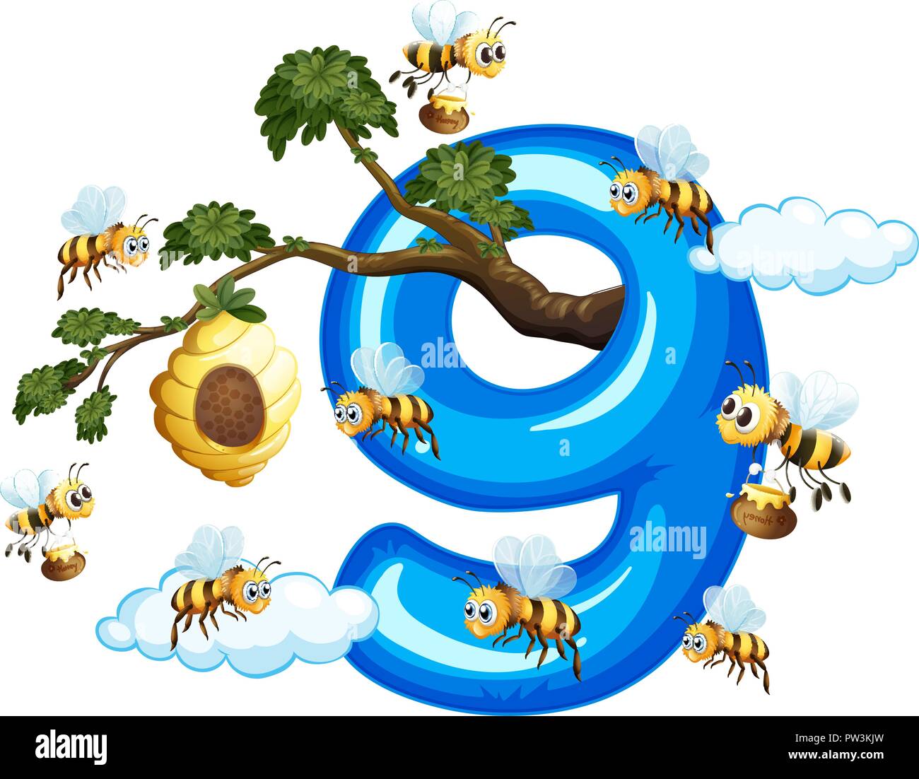 Nine bee with number nine illustration Stock Vector Image & Art - Alamy