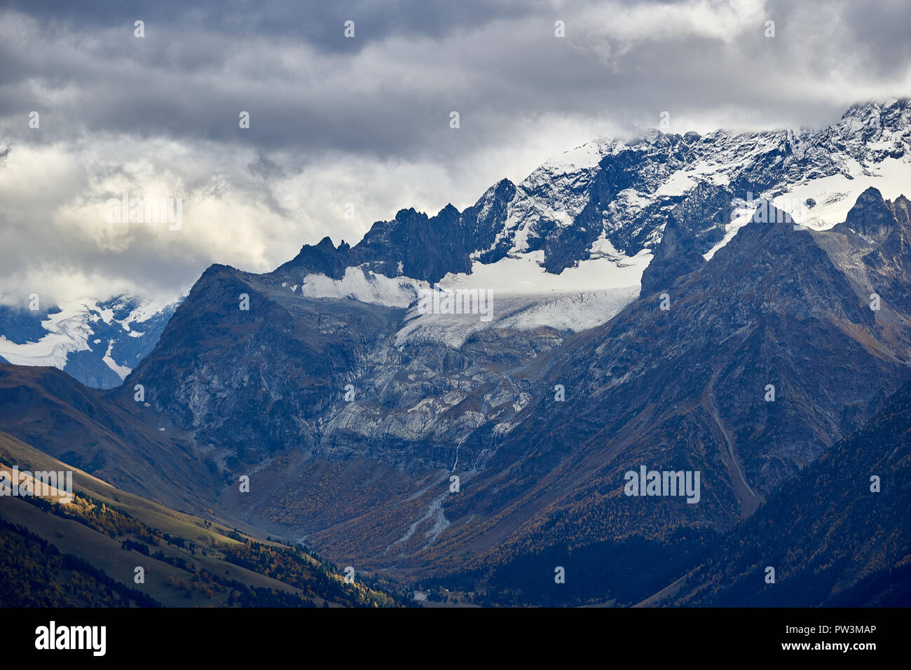 Mount Sophia, Sophia glacier and waterfalls. North Caucasus, Russia ...