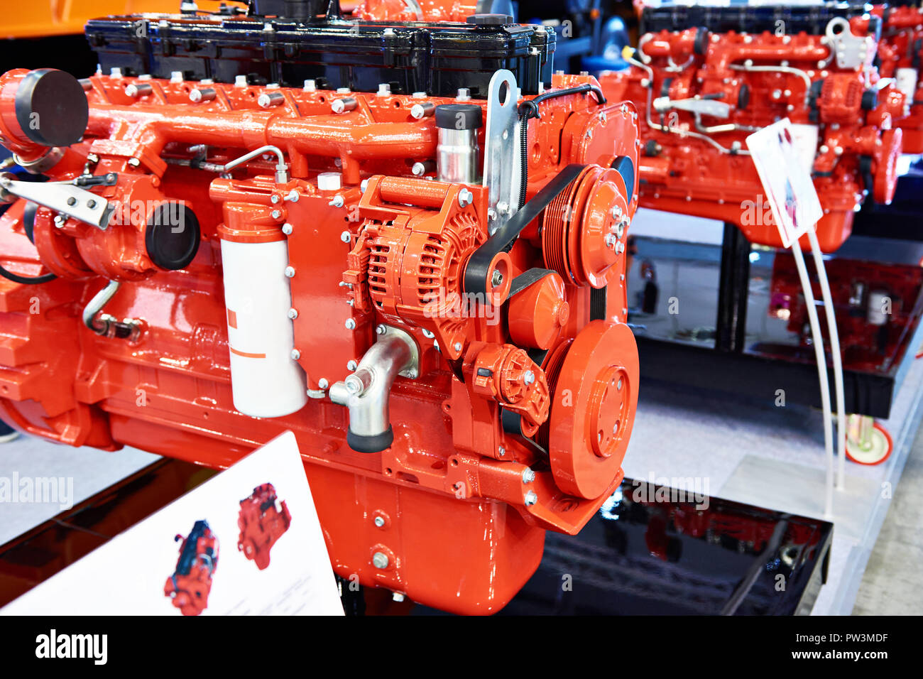 Red diesel engine for trucks and construction machinery on exhibition ...