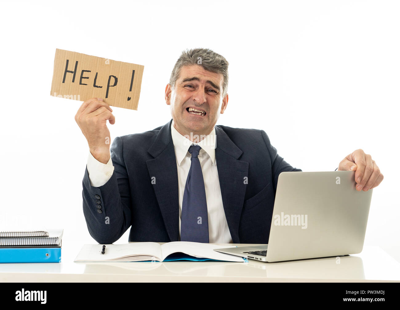 Mature desperate businessman suffering stress working at computer desk ...