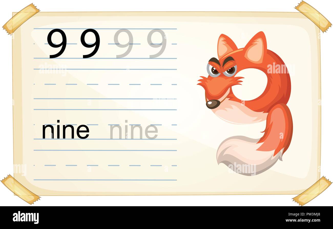 Animal cartoon number nine worksheet illustration Stock Vector Image ...