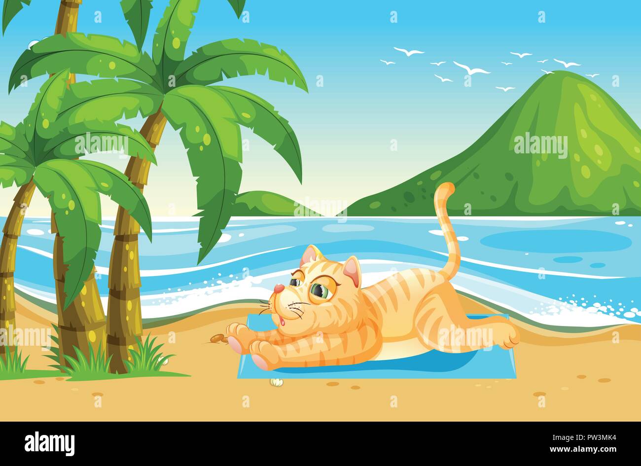 Yellow cat relax at the beach illustration Stock Vector Image & Art - Alamy