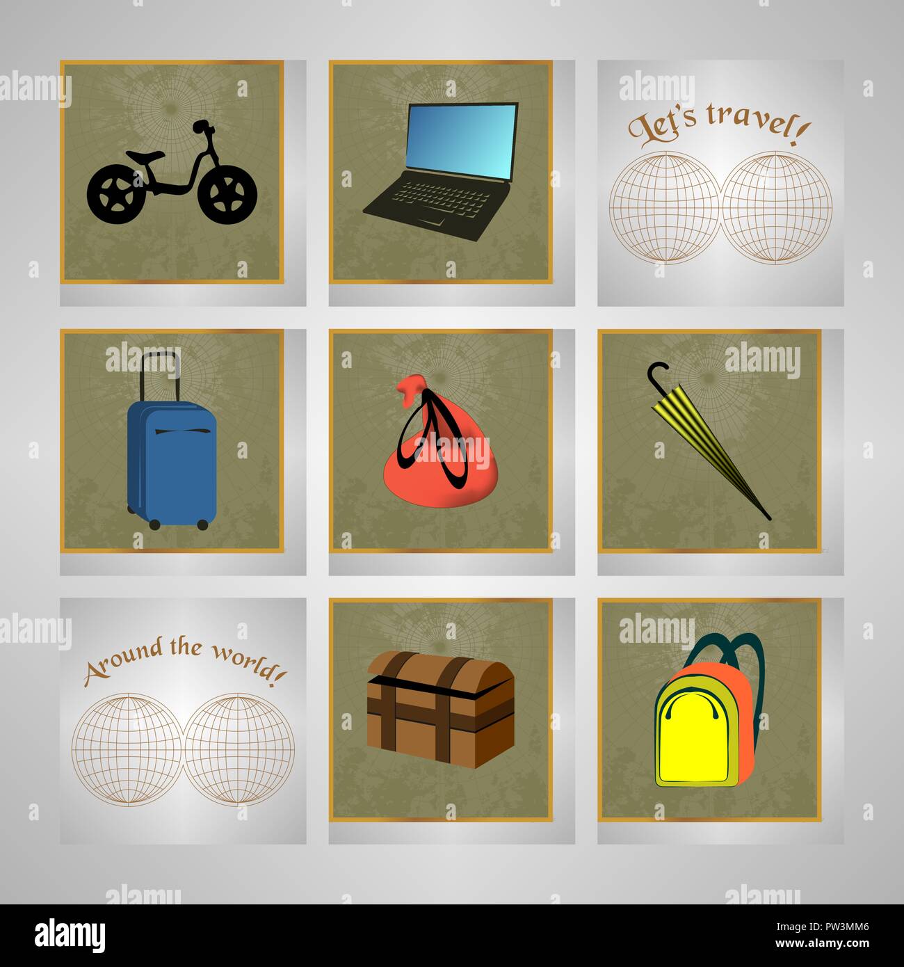 Travel icon set on grey and map Stock Vector Image & Art - Alamy