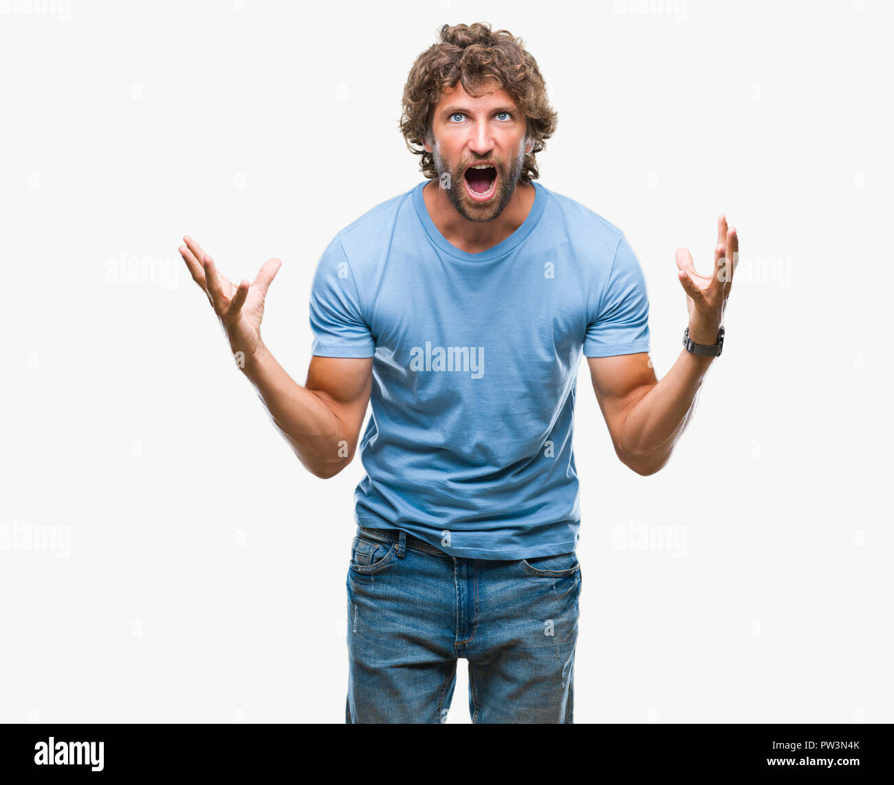 Handsome hispanic model man over isolated background celebrating crazy ...
