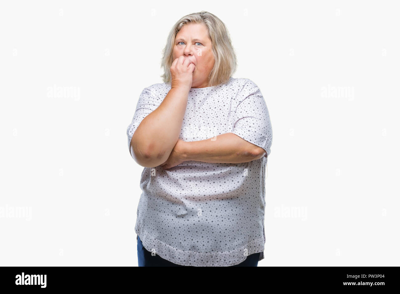 Senior plus size caucasian woman over isolated background looking ...
