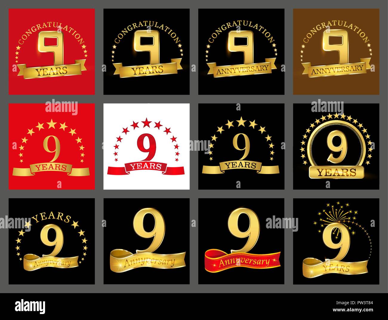 Set of number nine years (9 years) celebration design. Anniversary golden number template ...