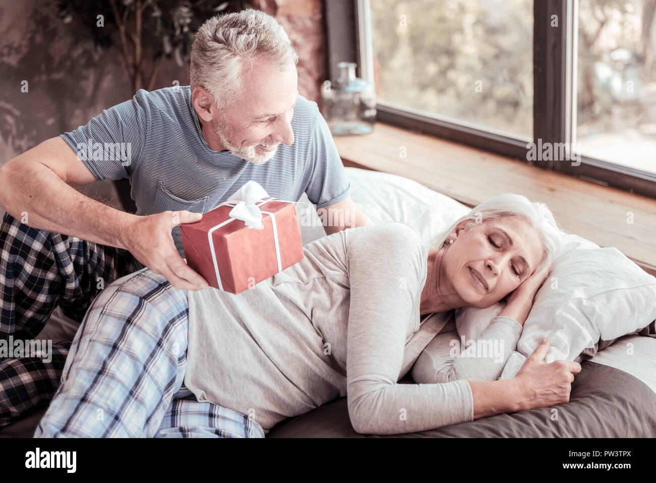 Positive husband making a present for his wife Stock Photo - Alamy