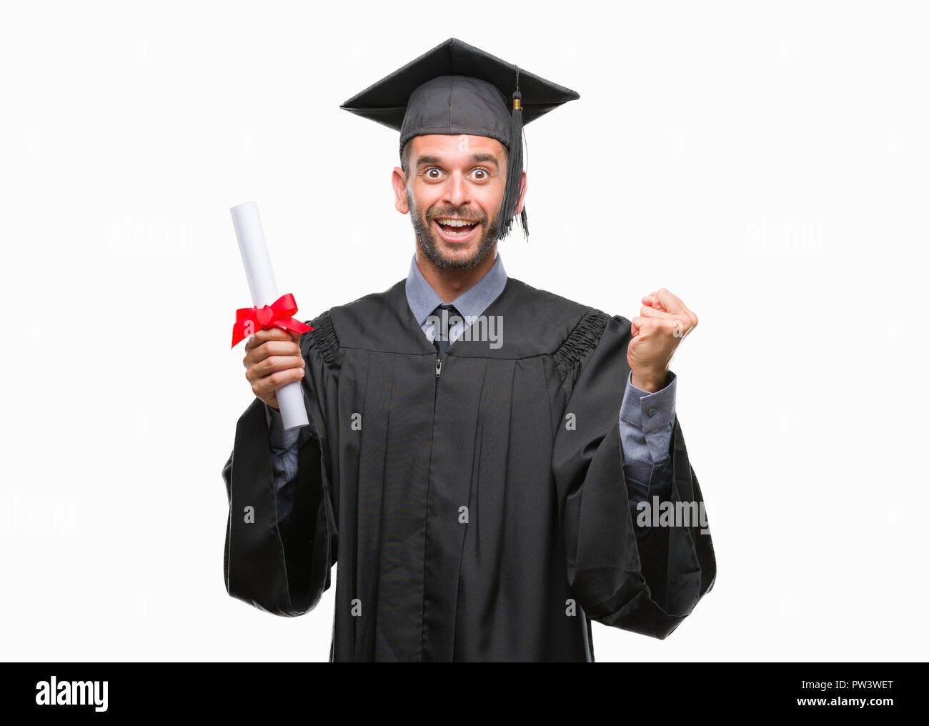 Young handsome graduated man holding degree over isolated background ...