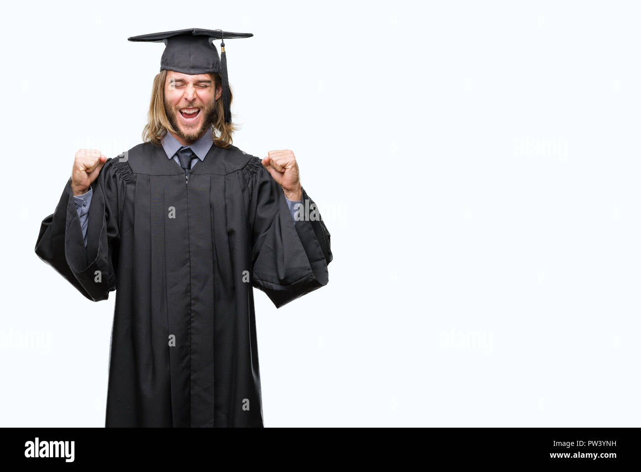Young handsome graduated man with long hair over isolated background ...