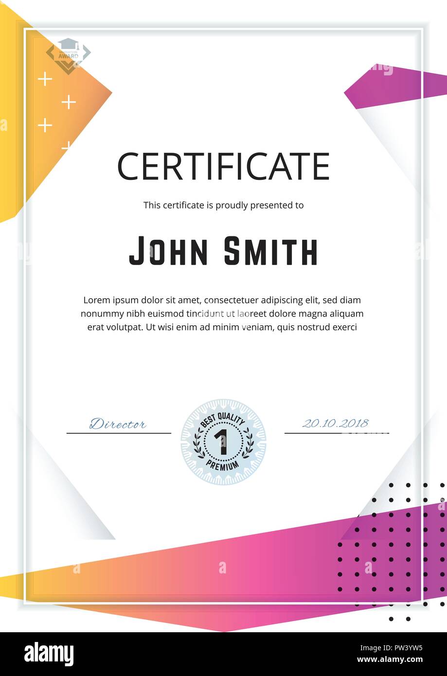Official white certificate with pink yellow gradient design elements ...