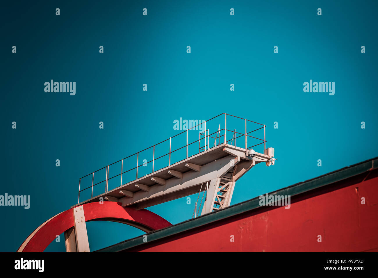 Rome, Italy, Oct 6th 2018, old red and white abandoned diving structure ...