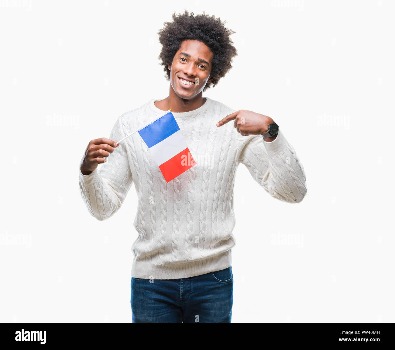 Afro american man flag of France over isolated background with surprise ...