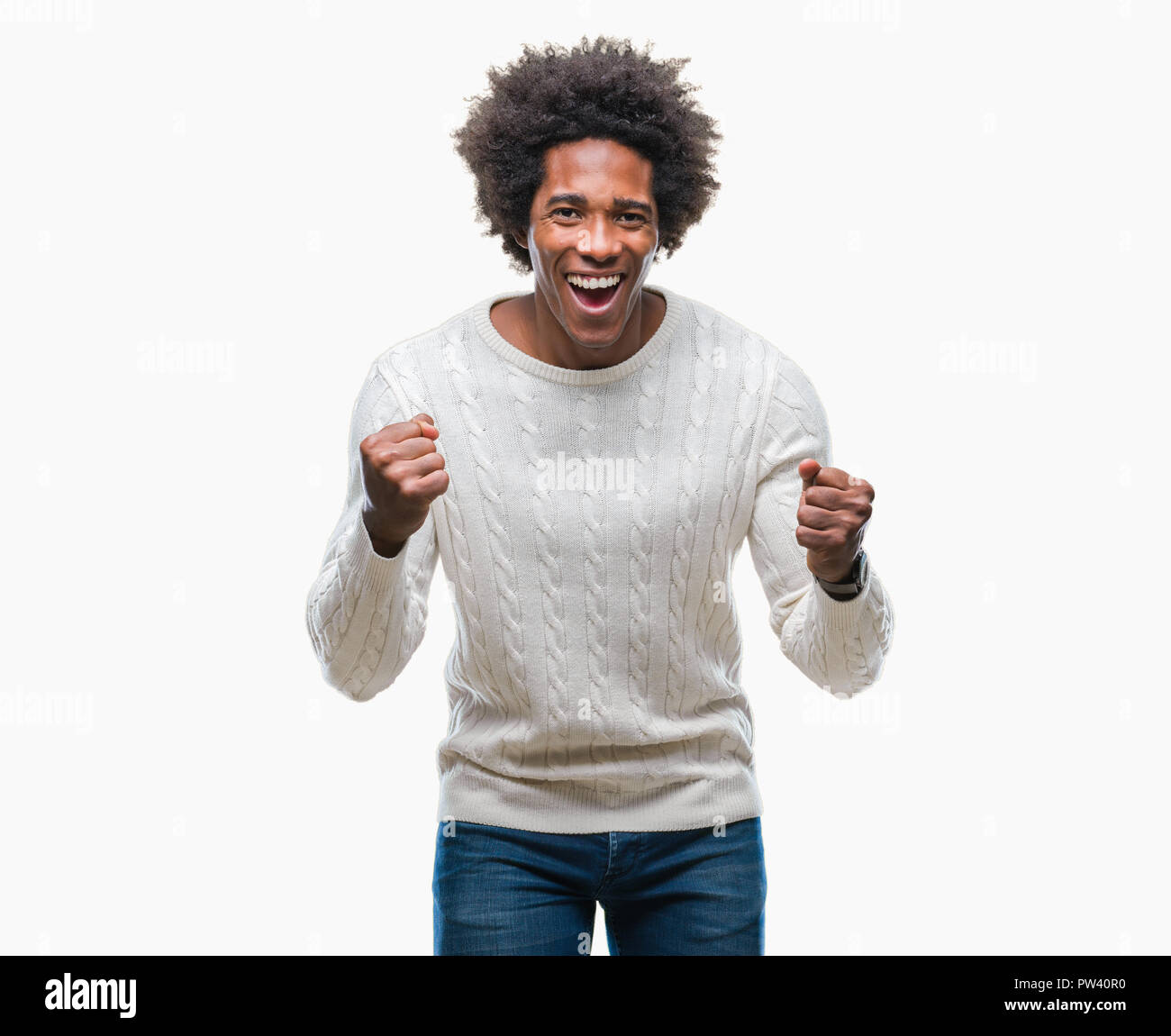 Happy afro american black man celebrating, very excited and confident ...