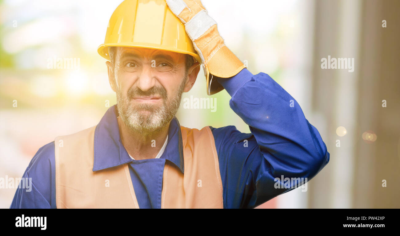 Senior engineer man, construction worker terrified and nervous ...
