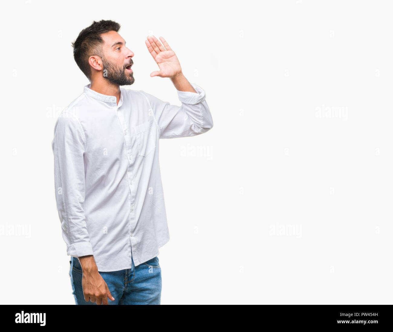 Adult hispanic man over isolated background shouting and screaming loud ...