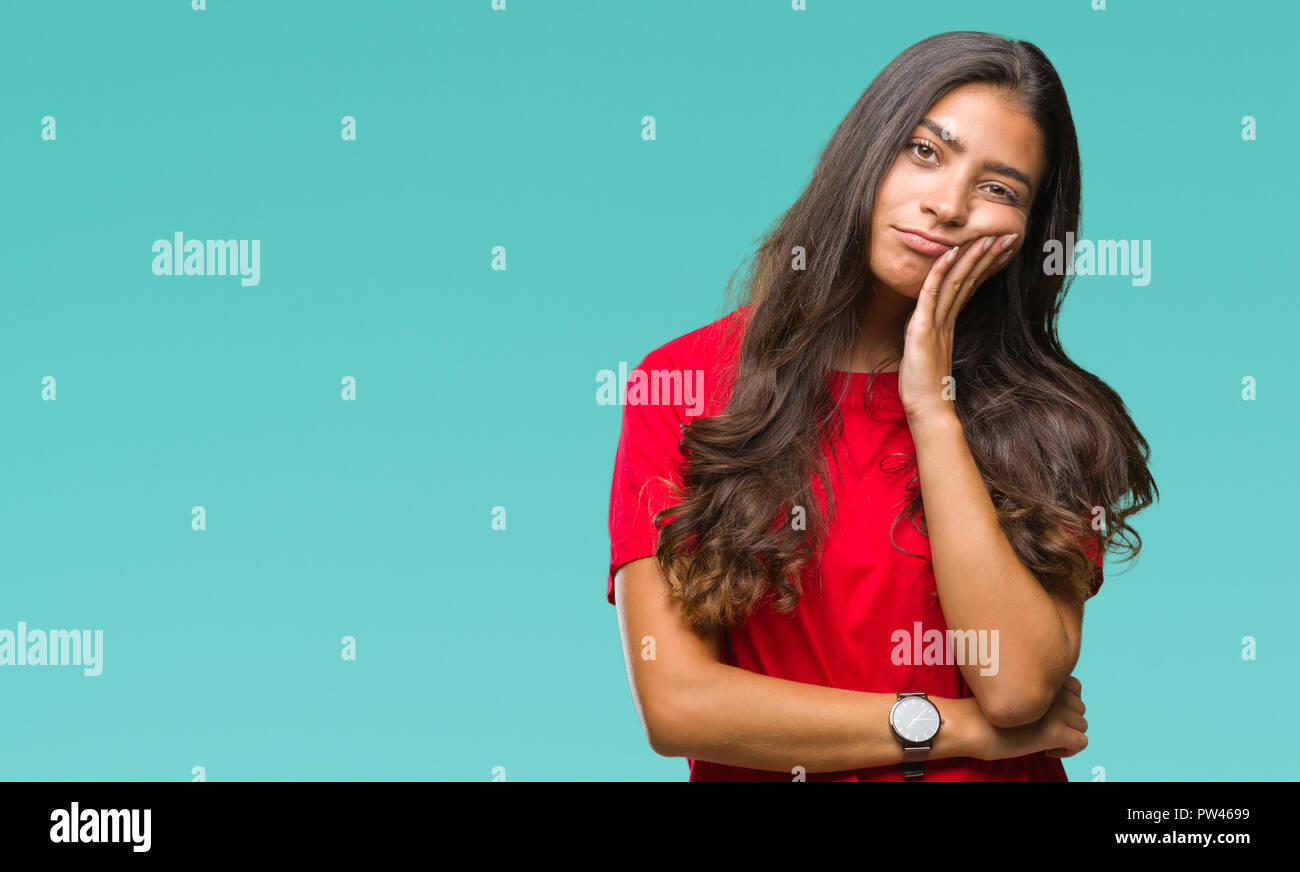 Young beautiful arab woman over isolated background thinking looking tired and bored with ...