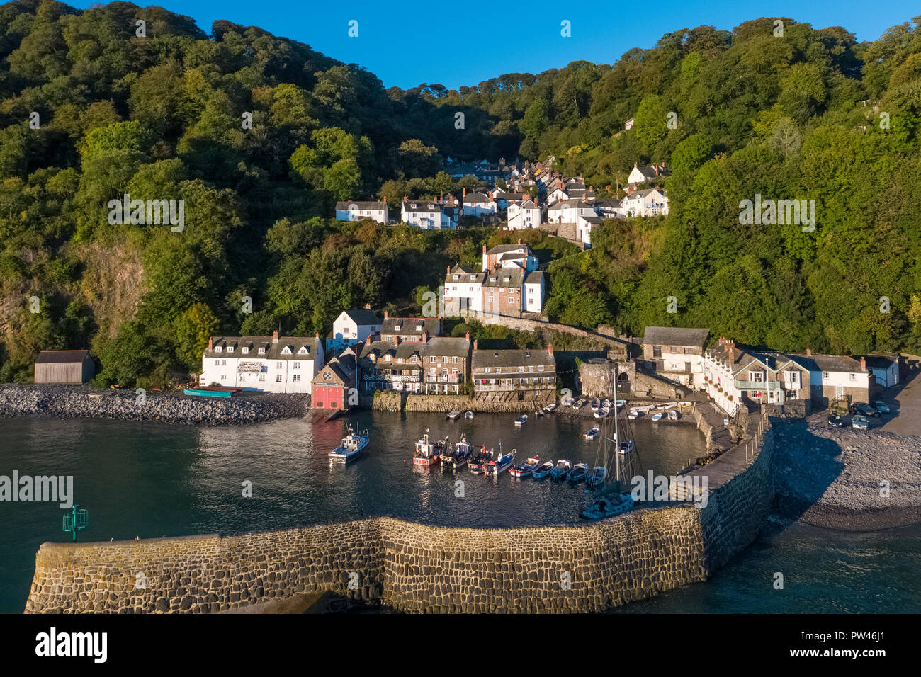 Aerial elevated view over Clovelly on the North Devon coast, Devon ...