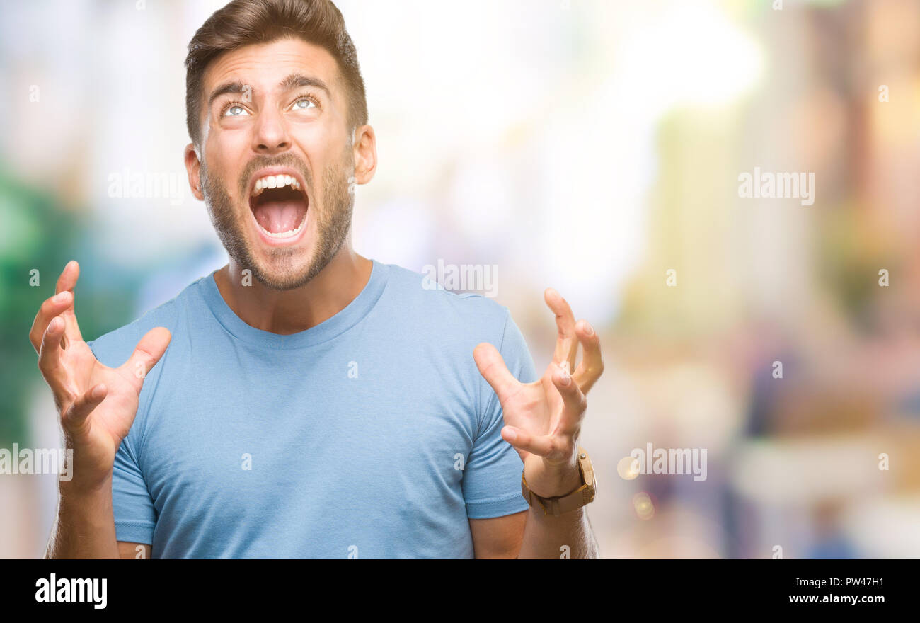 Young handsome man over isolated background crazy and mad shouting and ...