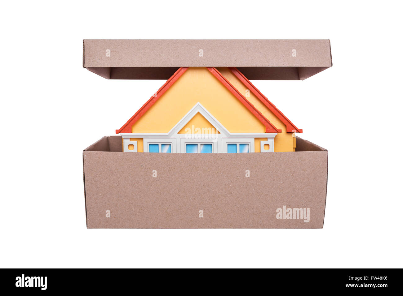 House in a cardboard box. Isolated on white background Stock Photo - Alamy