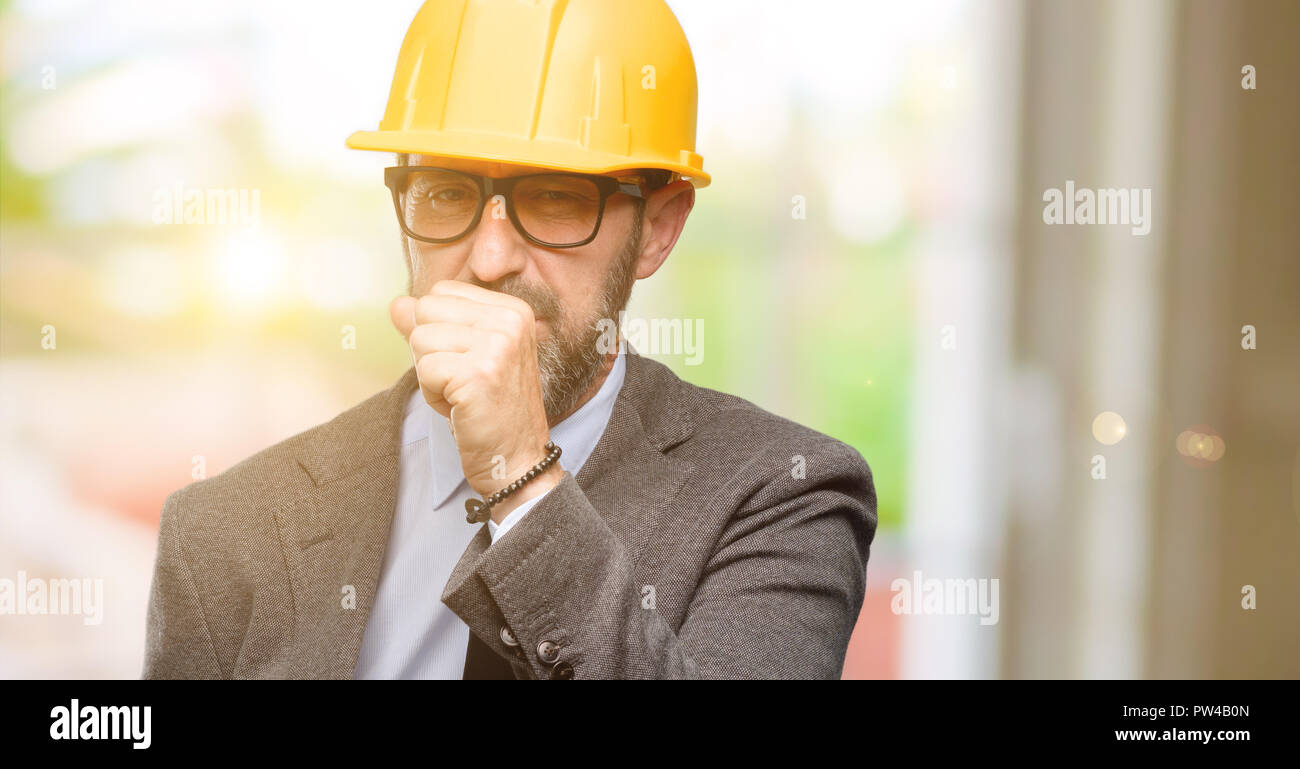 Senior architect or engineer sick and coughing, suffering asthma or ...