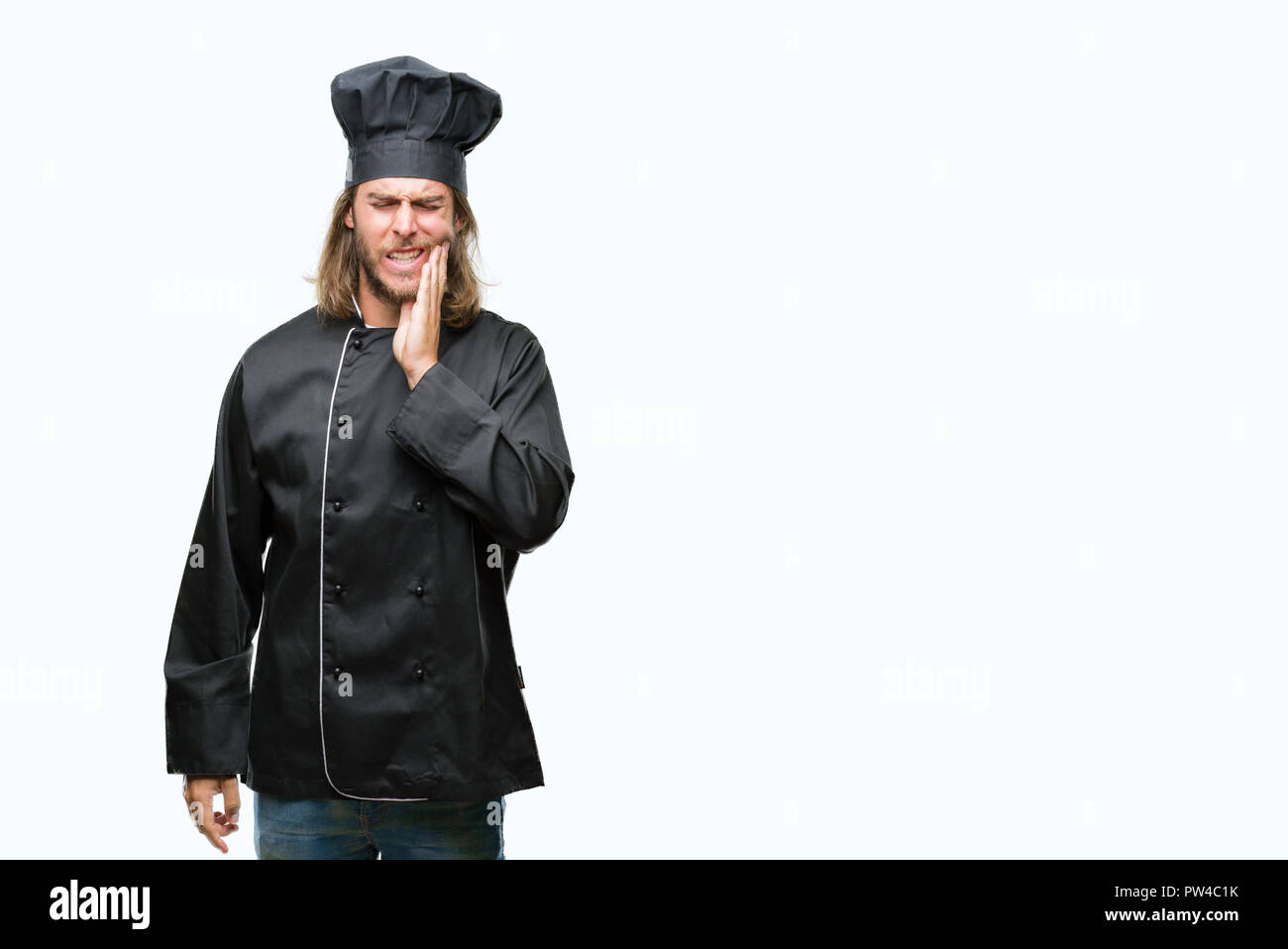 Young handsome cook man with long hair over isolated background ...