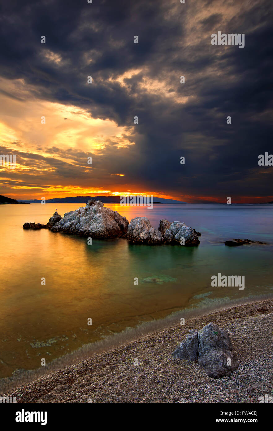 Sunset at Milia beach, Skopelos island, Northern Sporades, Magnessia ...