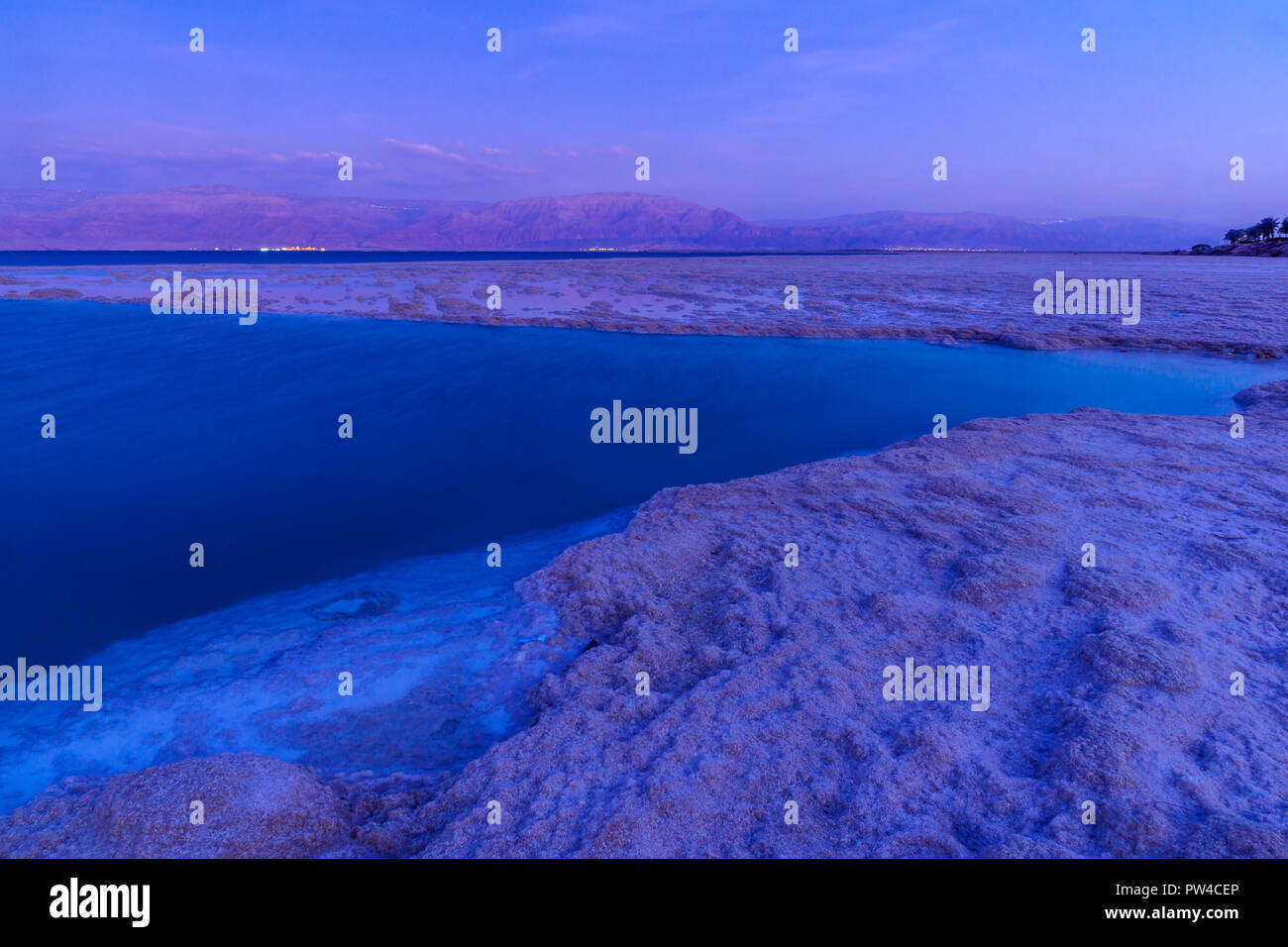 Sunset view of salt formations in the Dead Sea, between Israel and ...