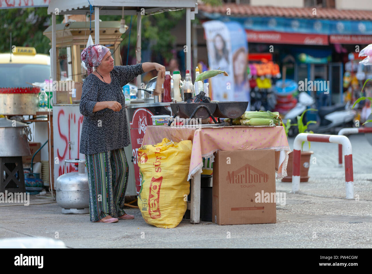 Woman fanning charcoal to prepare food in street Stock Photo - Alamy
